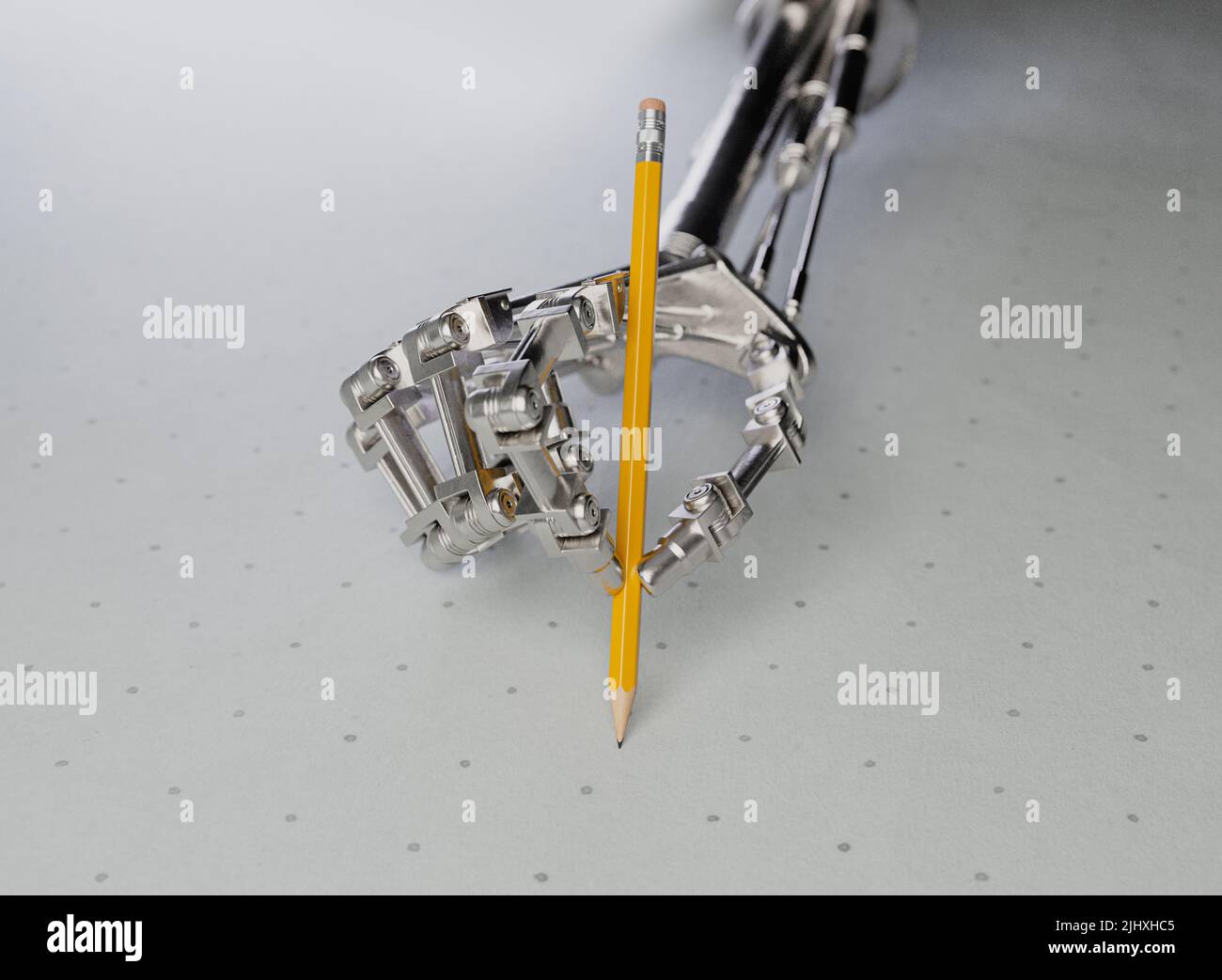 A mechanical robotic metal hand drawing or writing with a pencil on a ...