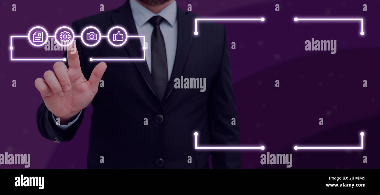 Businessman Pointing His Finger On Glowing Digital Symbols In Row With ...