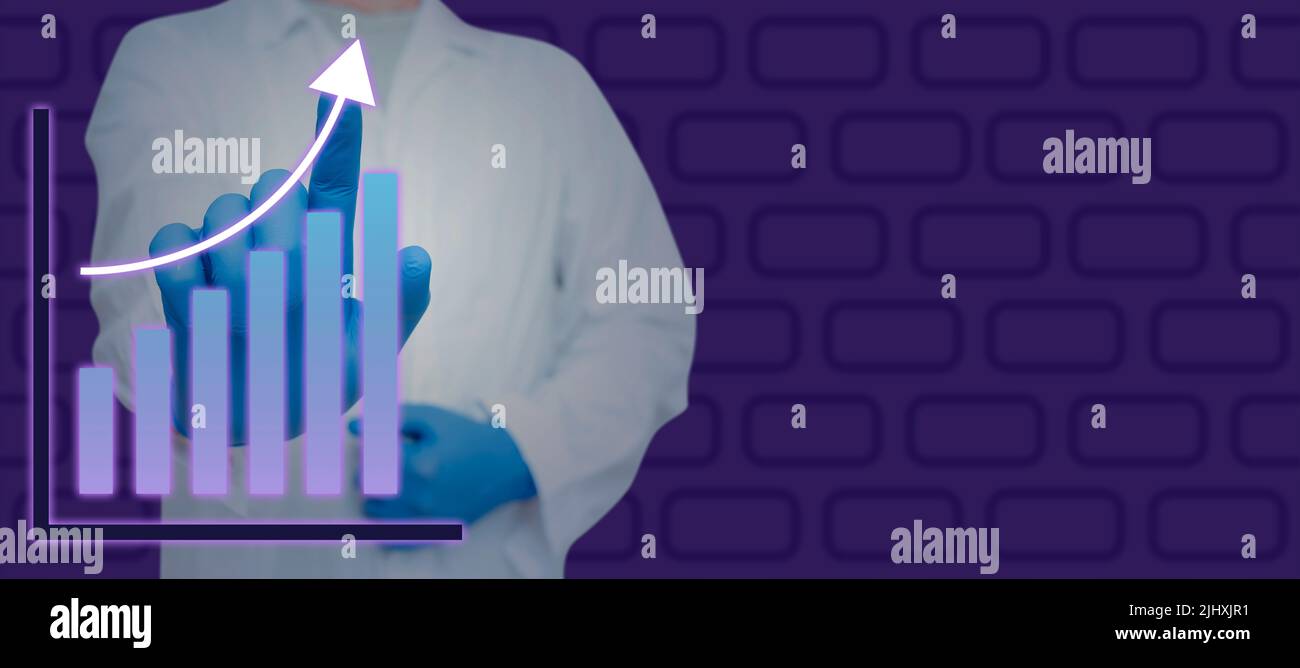 Doctor Wearing Gloves, Pointing With One Finger On Graph With Arrows Up ...