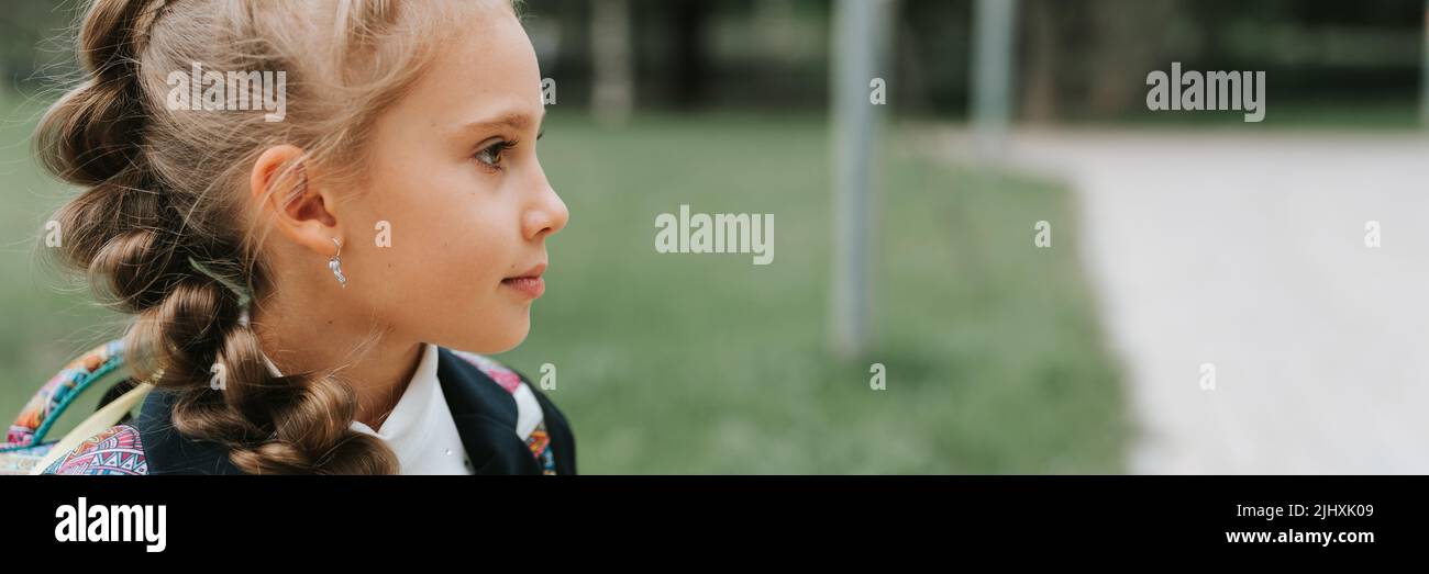 back to school. face portrait little happy kid pupil schoolgirl eight ...