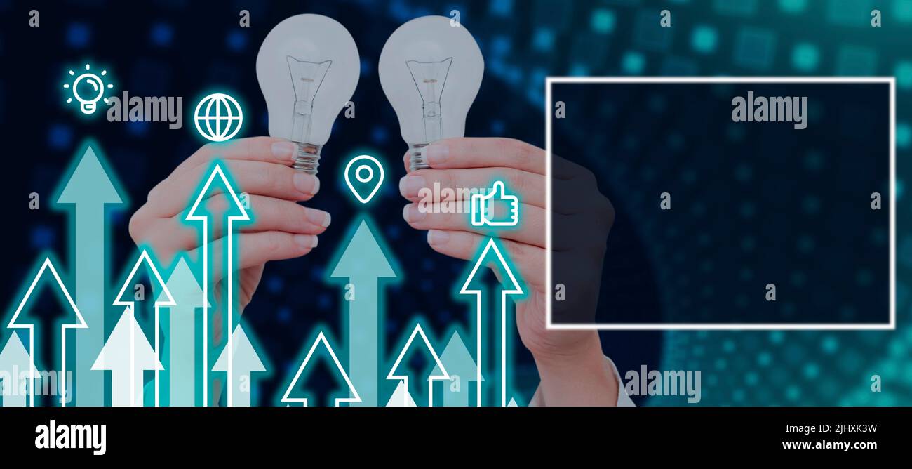 Hands Of Businesswoman Showing Light Bulbs With Graphical S And Arrows ...