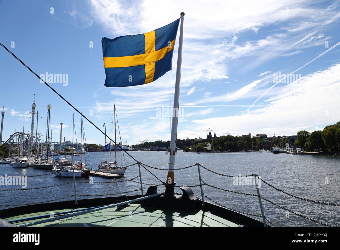 Daily life in Stockholm, Sweden, during Sunday. A Swedish flag on a ...