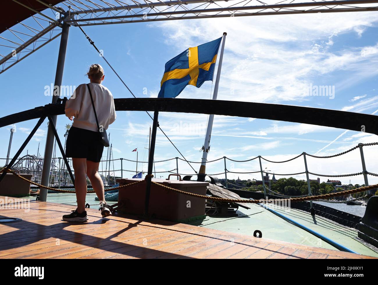 Daily life in Stockholm, Sweden, during Sunday. A Swedish flag on a ...