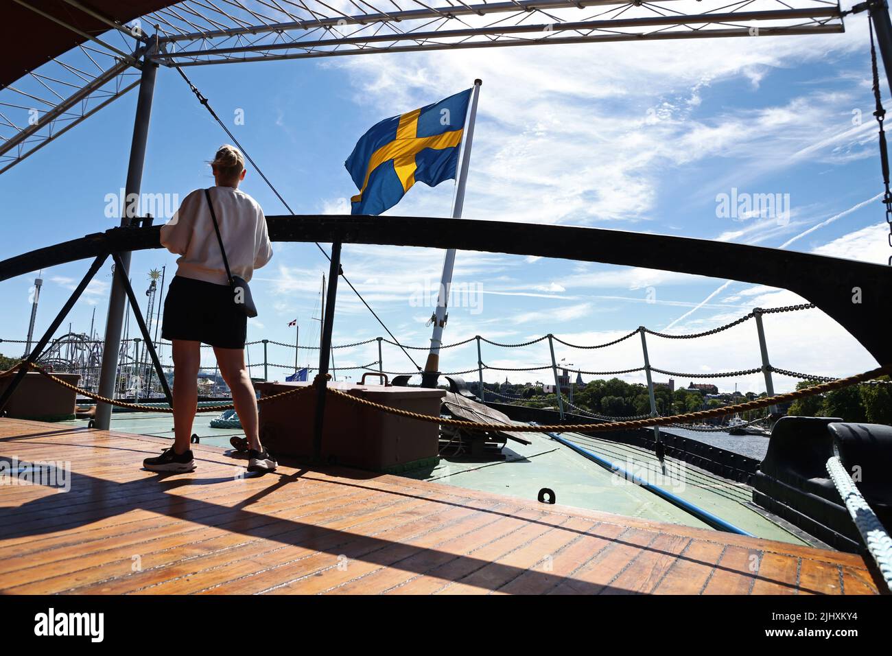 Daily life in Stockholm, Sweden, during Sunday. A Swedish flag on a ...
