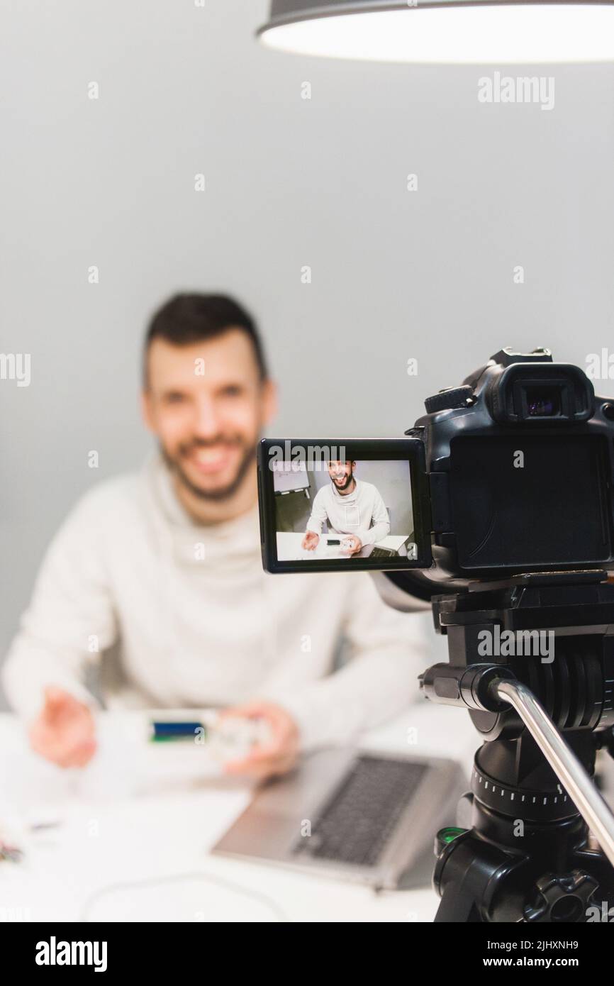 Education video blog tutorial filming backstage Stock Photo - Alamy