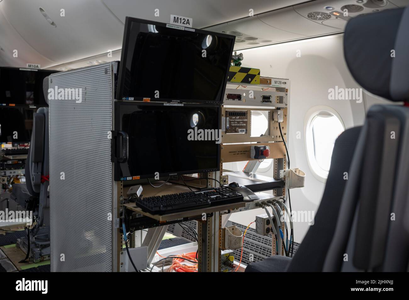 Flight testing equipment in the cabin of a Boeing 737 Max 10 airliner ...