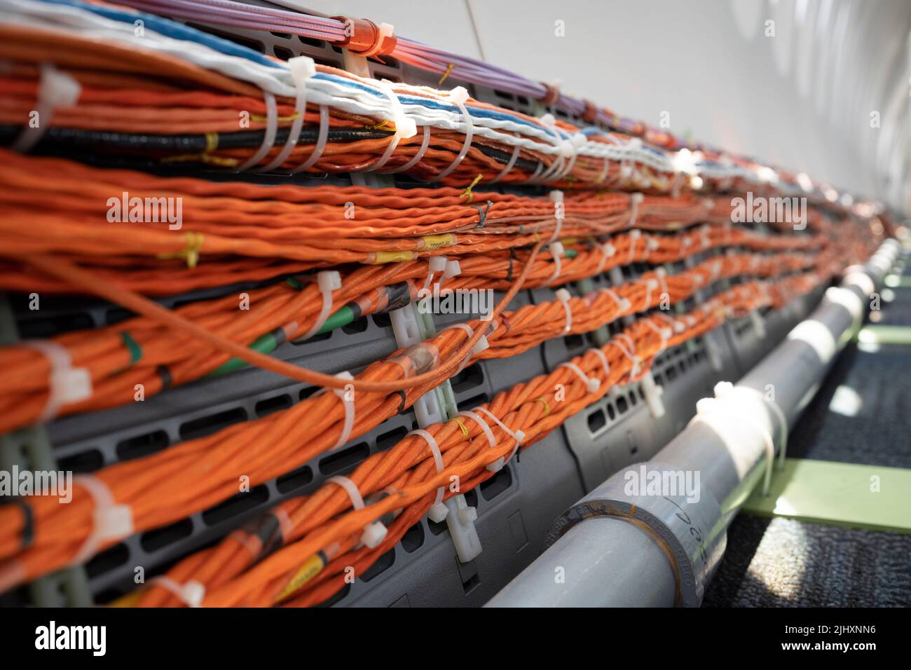 Flight testing equipment in the cabin of a Boeing 737 Max 10 airliner ...