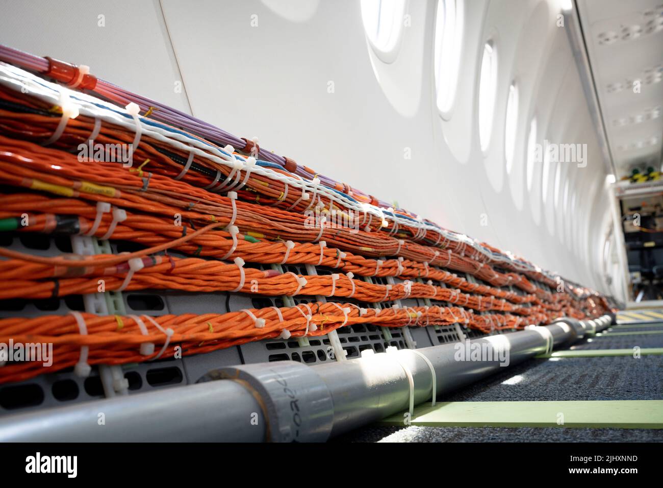 Flight testing equipment in the cabin of a Boeing 737 Max 10 airliner ...