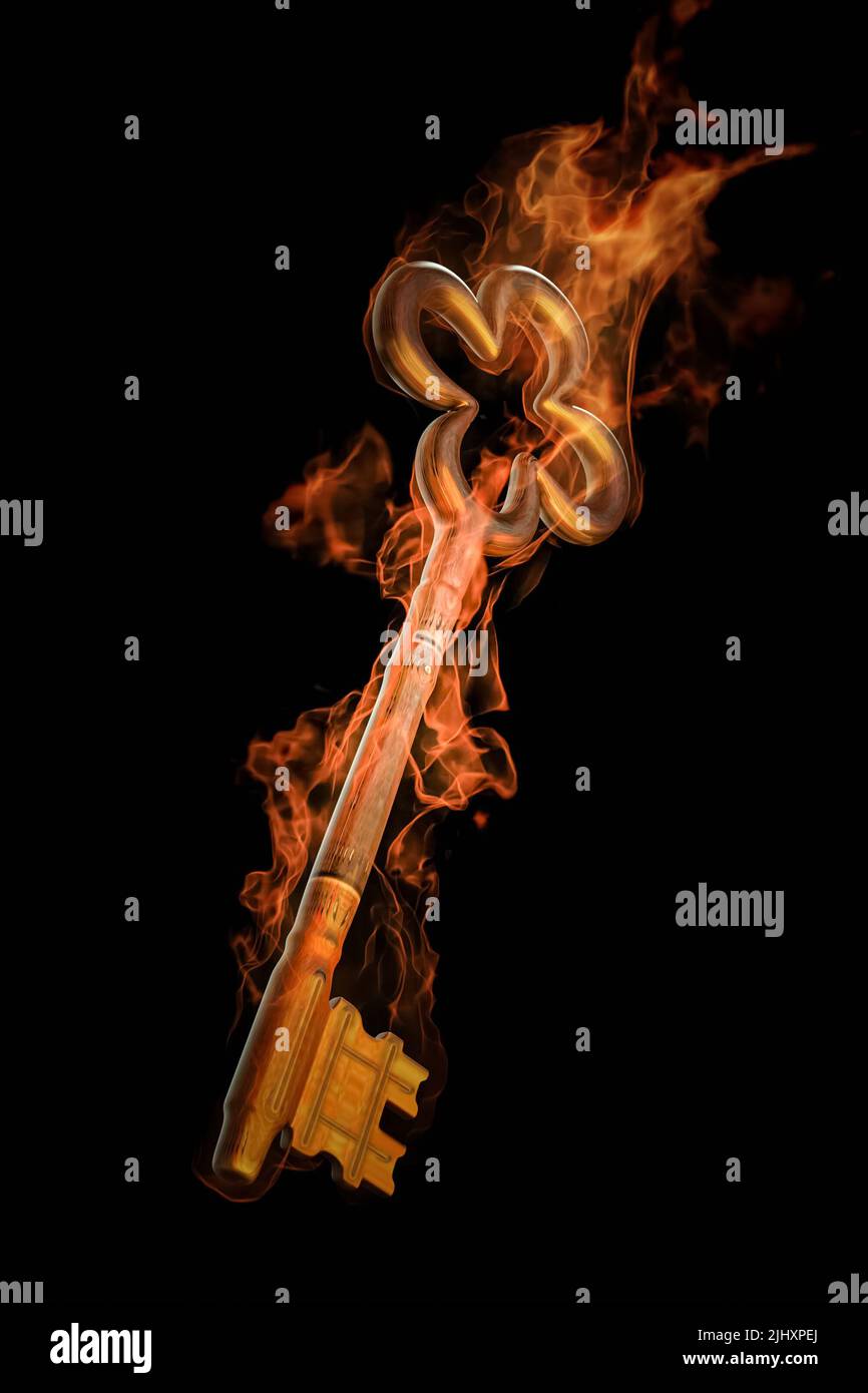 3D Rendering of a Vintage Brass Key Burning in Flame Stock Photo - Alamy