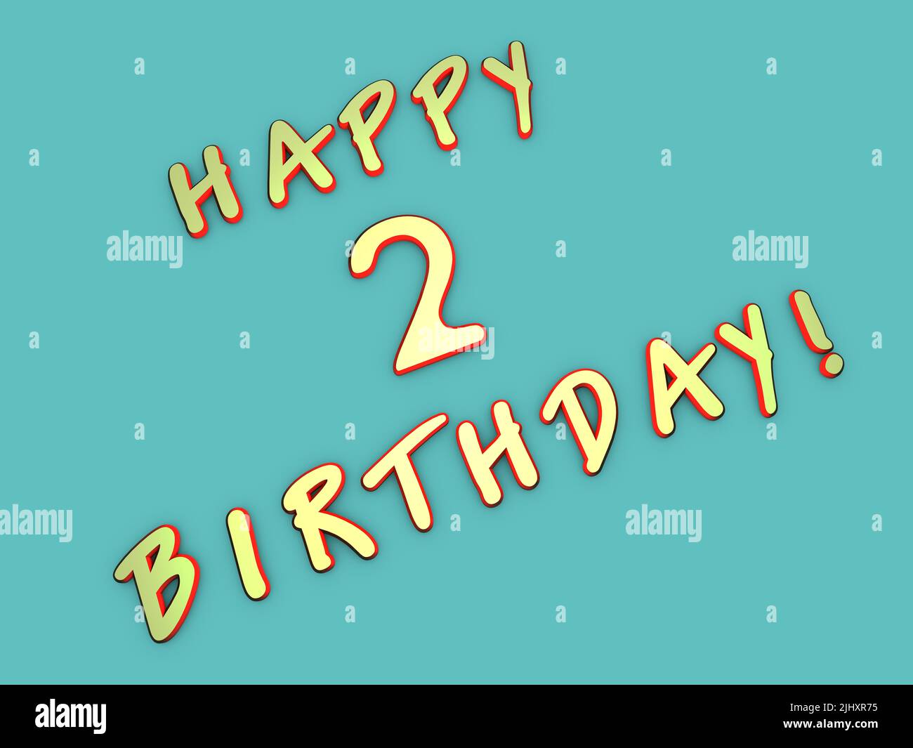 A graphic Happy 2 Birthday card with yellow volumetric letters and blue ...