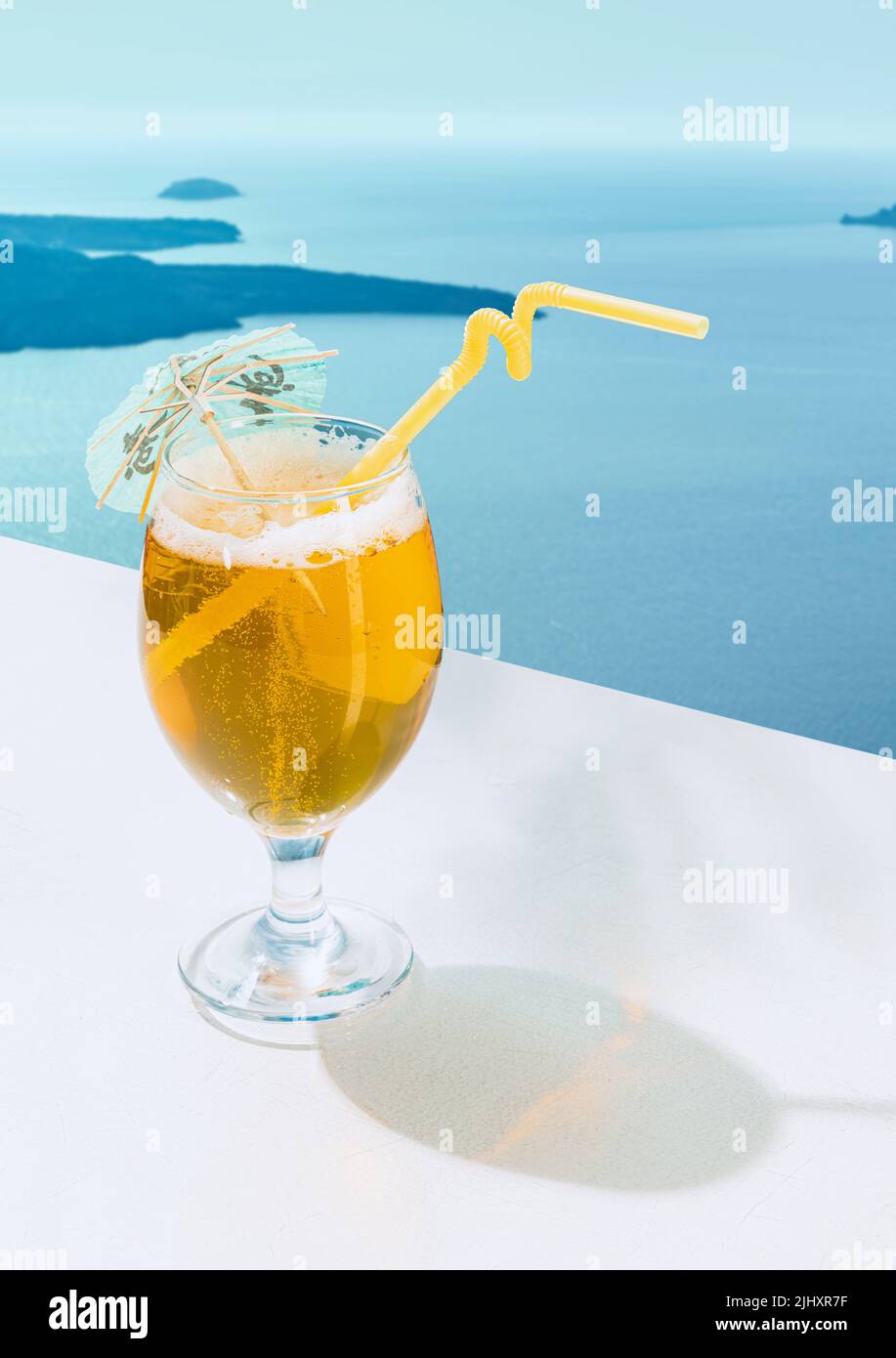 Glass of delicious lemonade isolated over sea landscape background ...