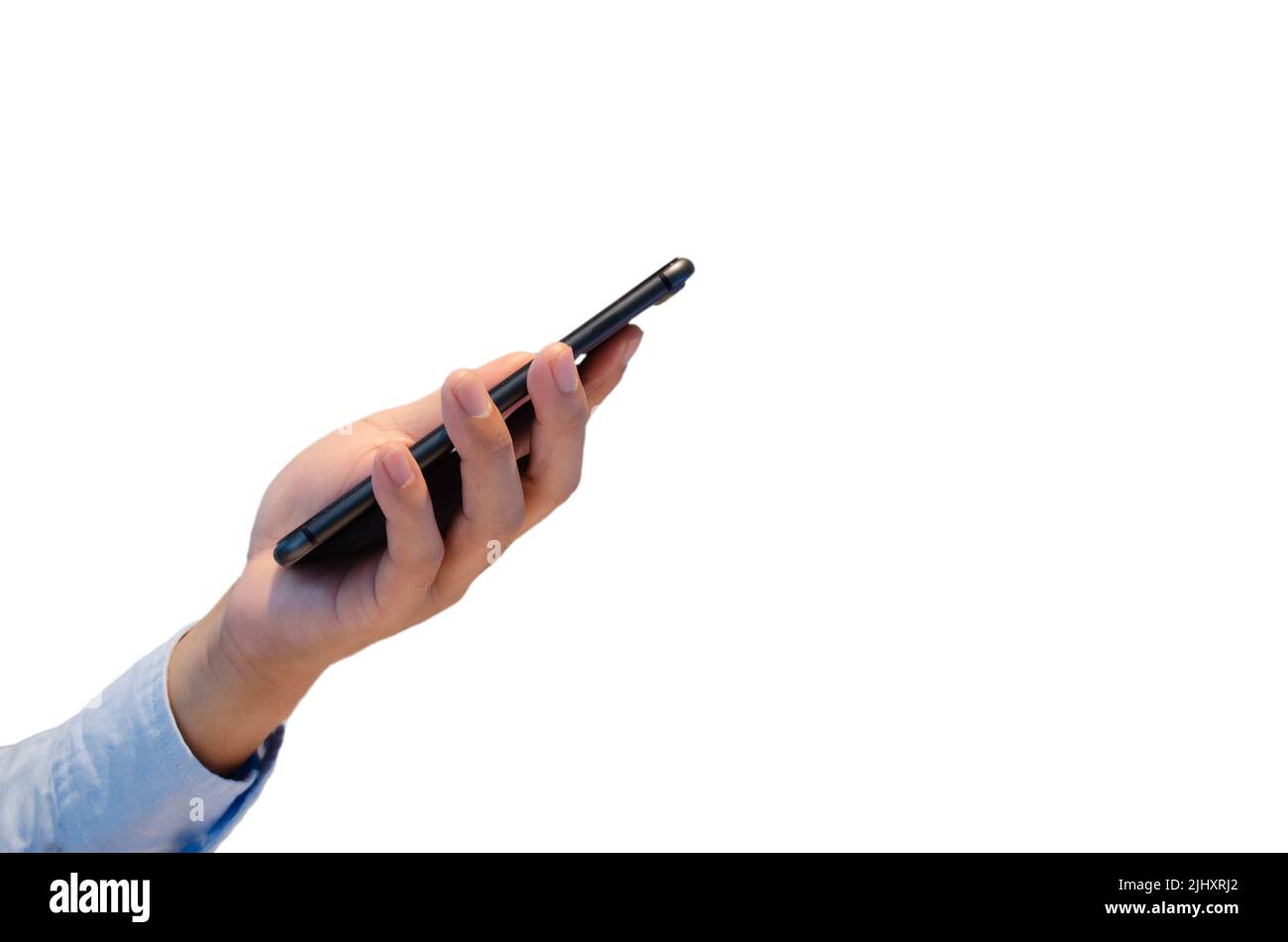 close up hand holding smartphone isolated on white background Stock ...