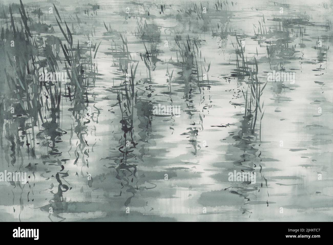 Water grass with reflections in grey watercolor background Stock Photo ...