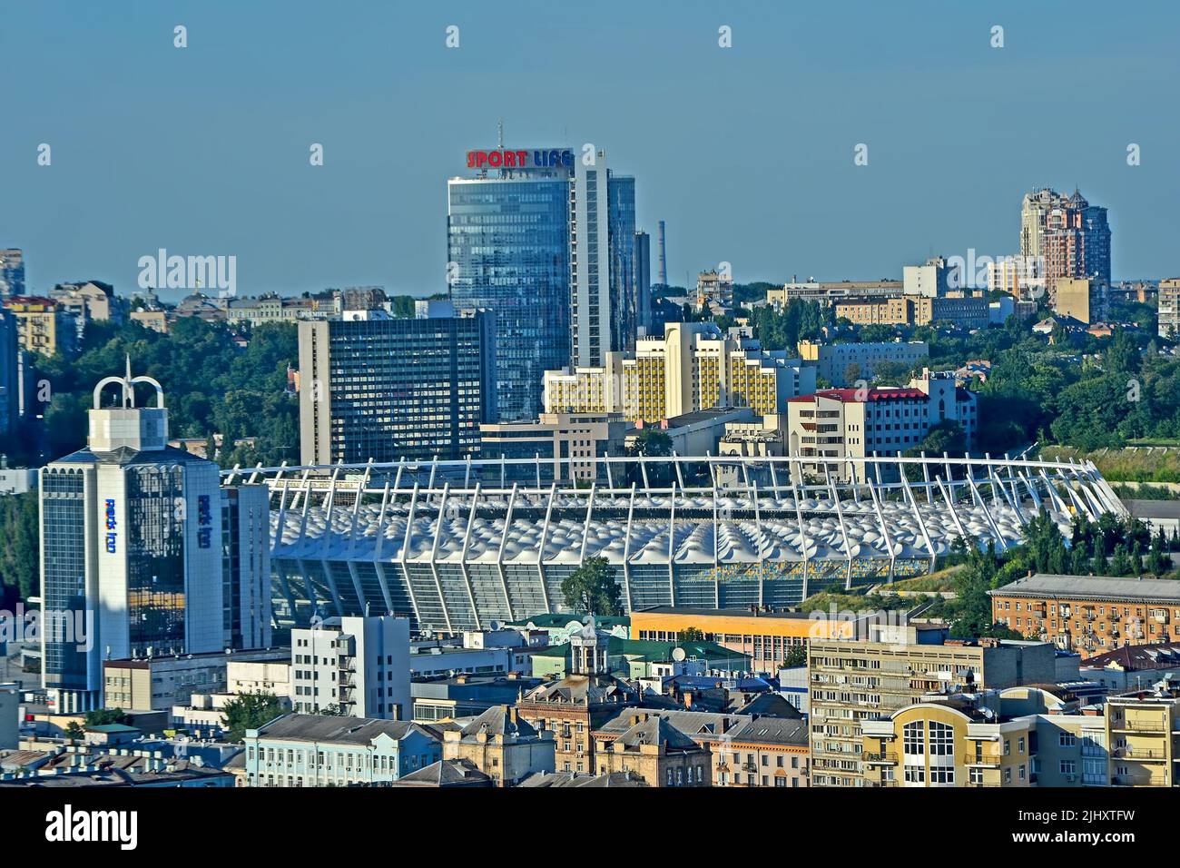 aerial Kyiv city panorama with Oliympic stadium, Park Inn and Rus ...