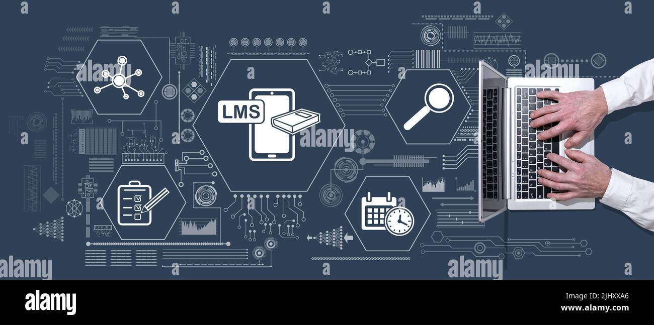 Top view of hands using laptop with symbol of lms concept Stock Photo ...