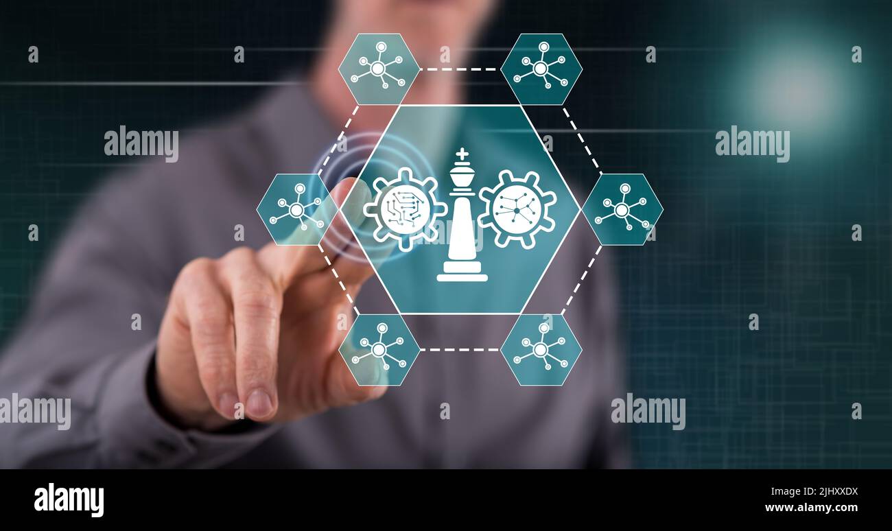Man touching a digital strategy concept on a touch screen with his ...