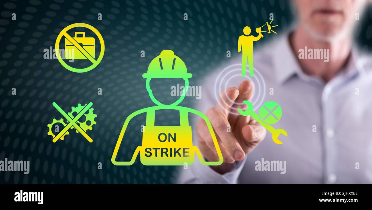 Man touching a strike concept on a touch screen with his finger Stock ...