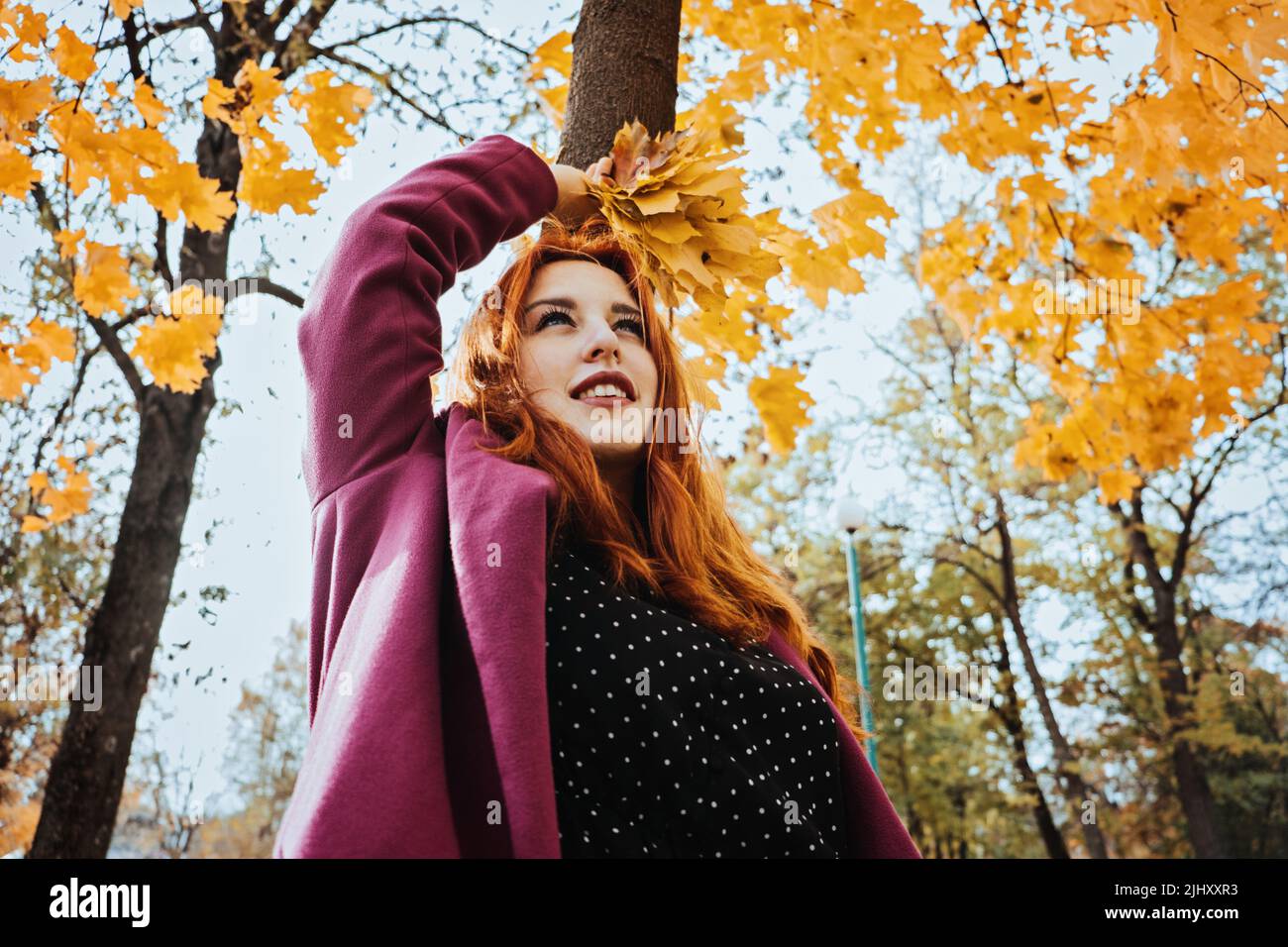 Outdoor autumn portrait of happy smiling plus size red hair woman in ...