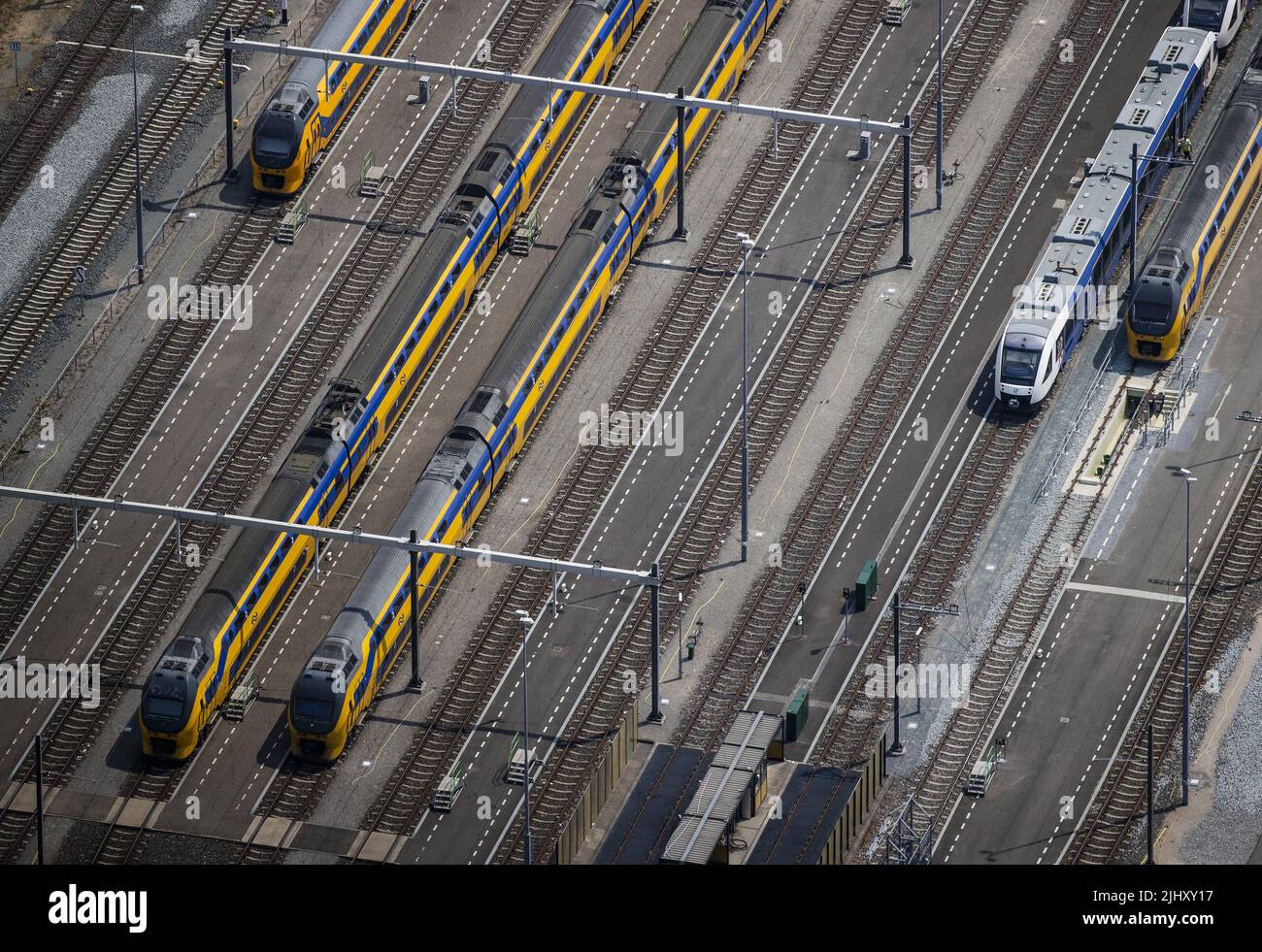 2022-07-20 13:45:44 NIJMEGEN - Aerial view of NS trains at a shunting ...