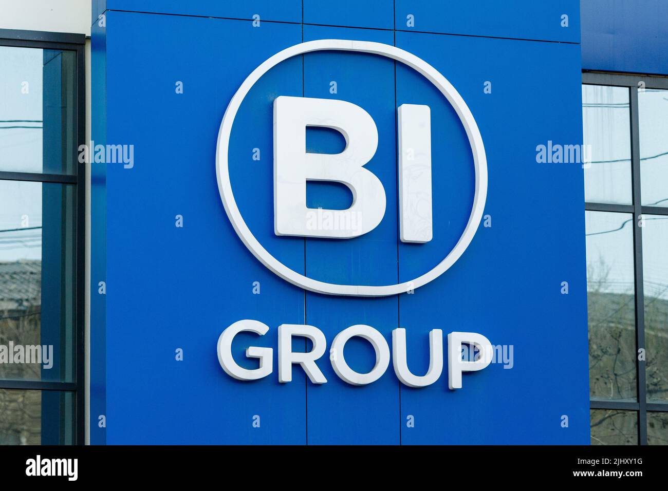 The logo of BI Group Constuction on the building of business center in ...