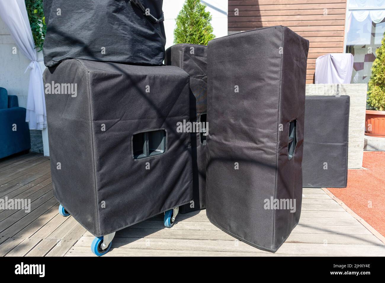 Big mobile speakers in soft cases brought for installation at a street ...
