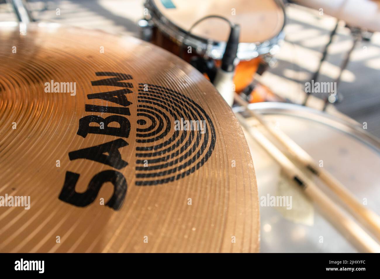 Sabian close-up logo on ride cymbal on the drum set Stock Photo - Alamy