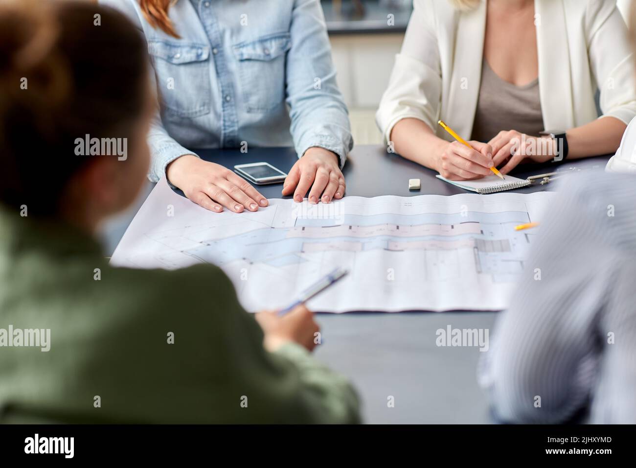 business team with blueprint working at office Stock Photo - Alamy