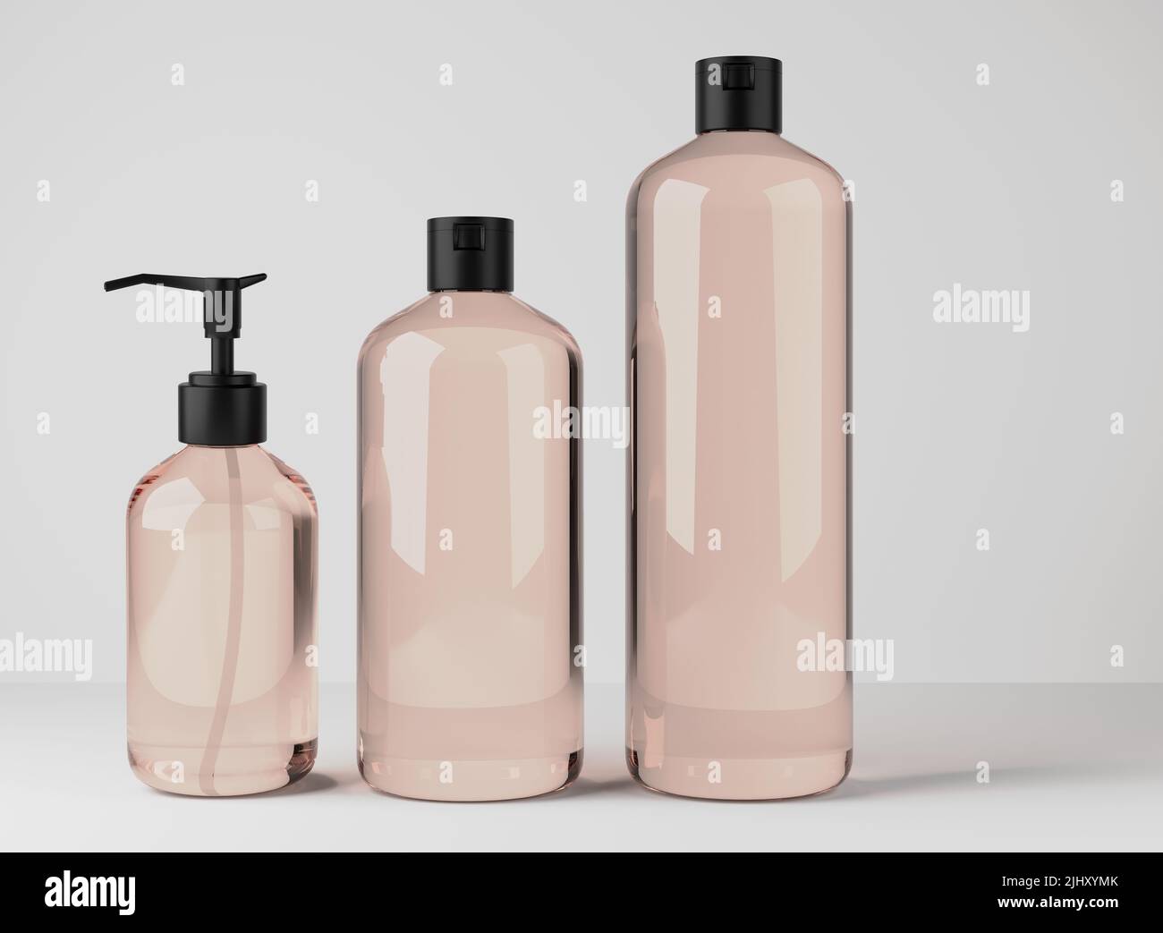 Different color glass bottles for hair and body care products 3D render ...