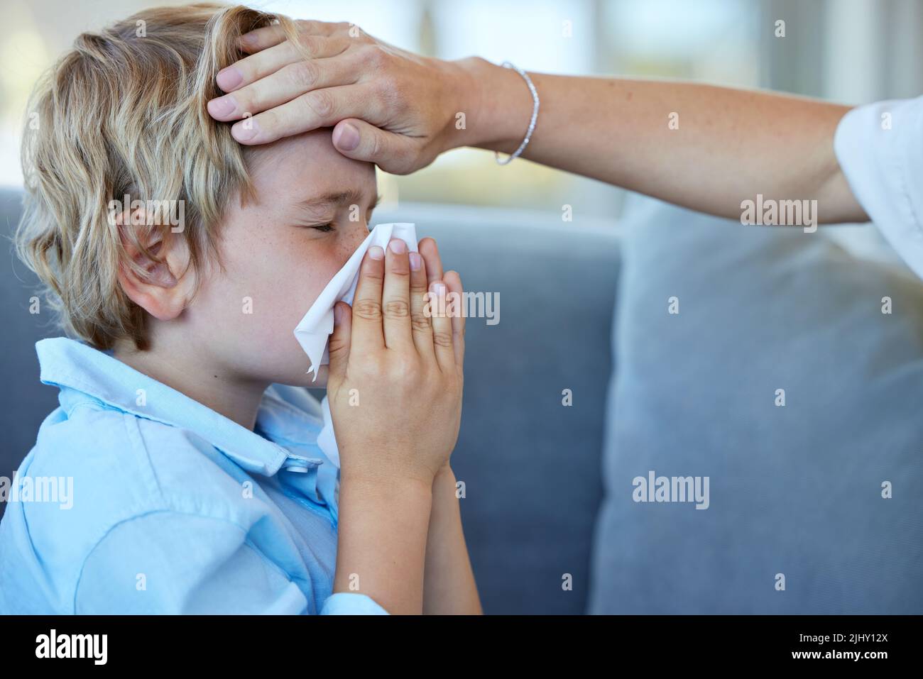 Sick boy blowing nose. Mother feeling sons head for a fever. Little boy ...