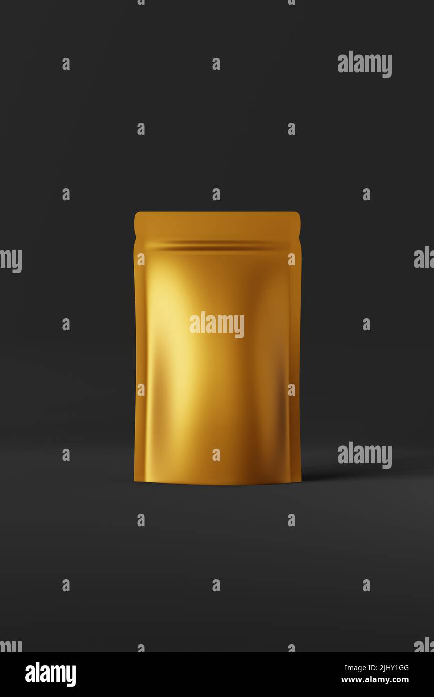 Golden metallic pouch bag mockup branding black background 3D rendering ...
