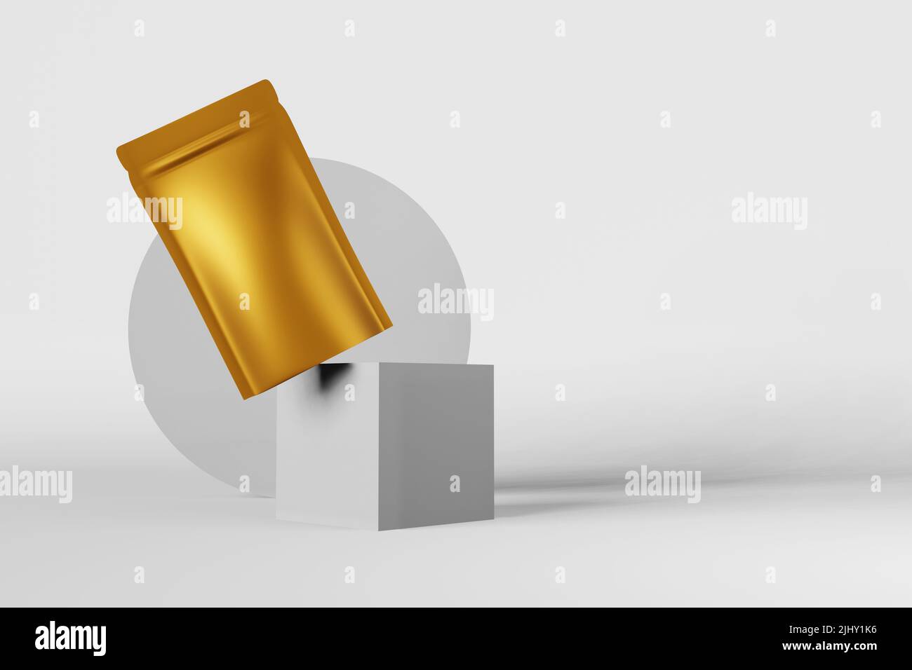 Golden metallic pouch bag mockup branding balancing white background 3D ...