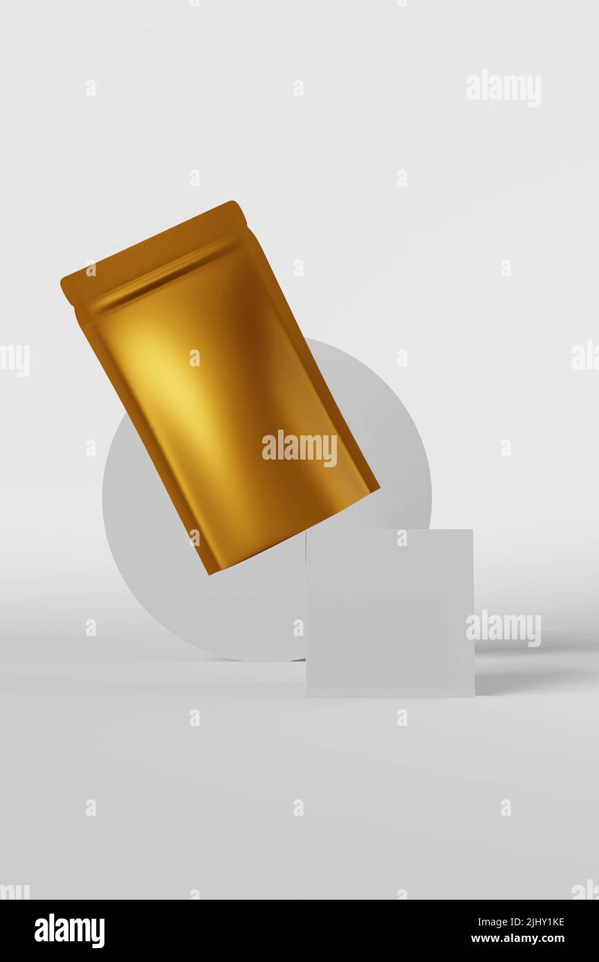Golden metallic pouch bag mockup branding balancing white background 3D ...