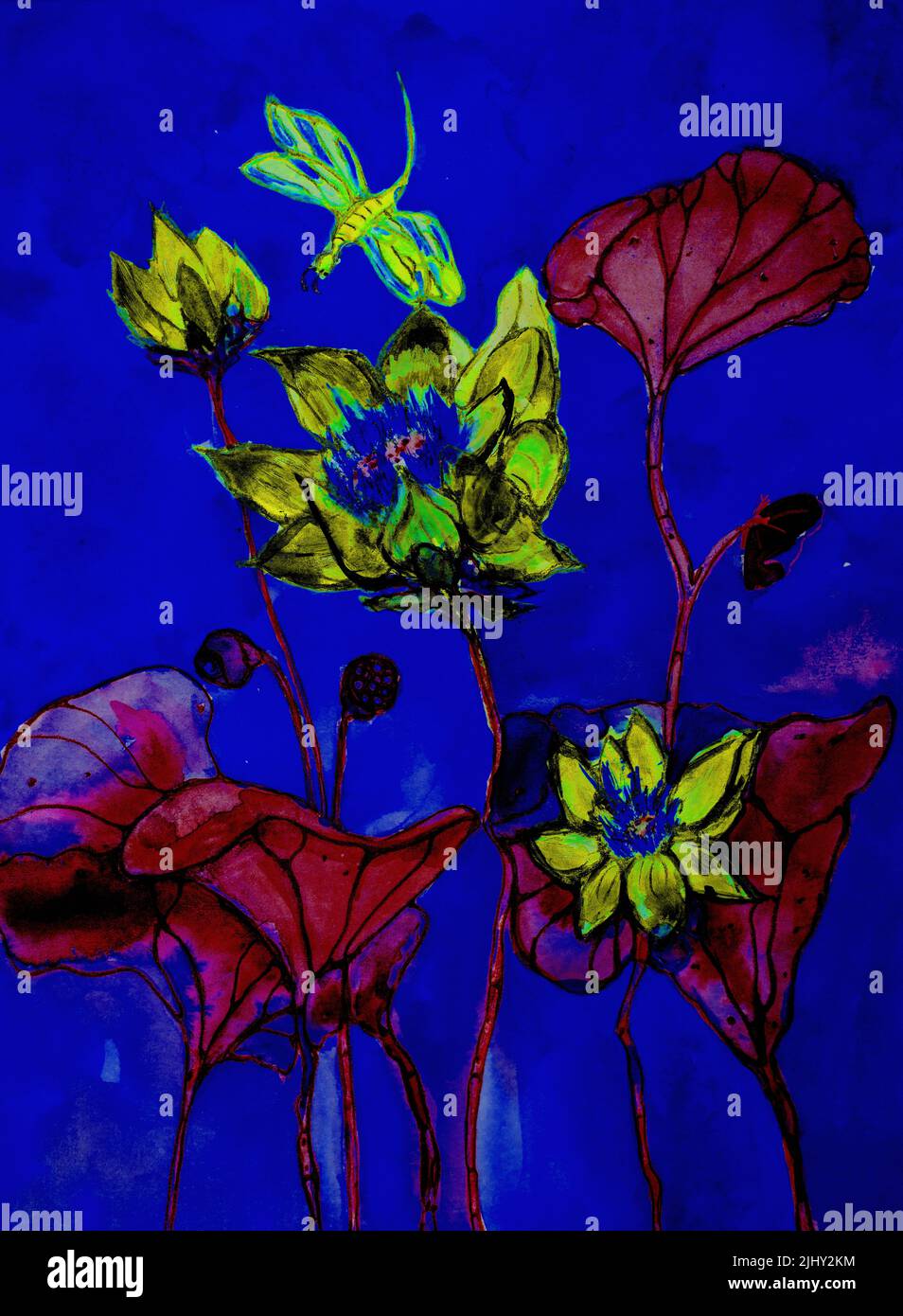 Trippy lotusflowers with dragonfly. The dabbing technique near the ...