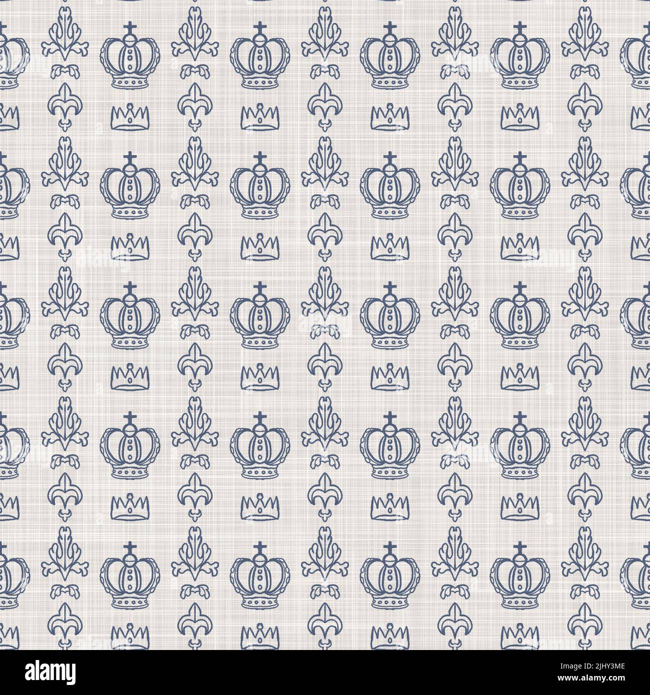 French blue crown motif seamless pattern. Tonal country cottage style ...
