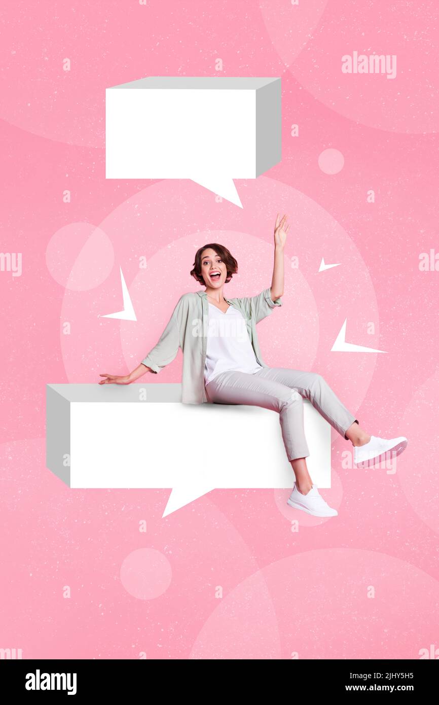 Composite collage image of excited crazy girl sit huge dialogue bubble ...