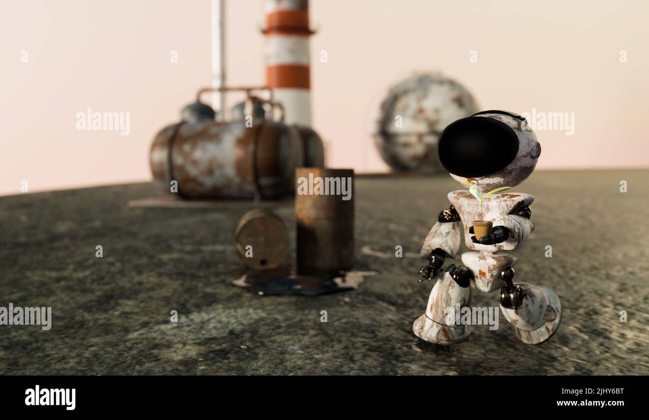 robot planting small tree growing among climate change and air ...