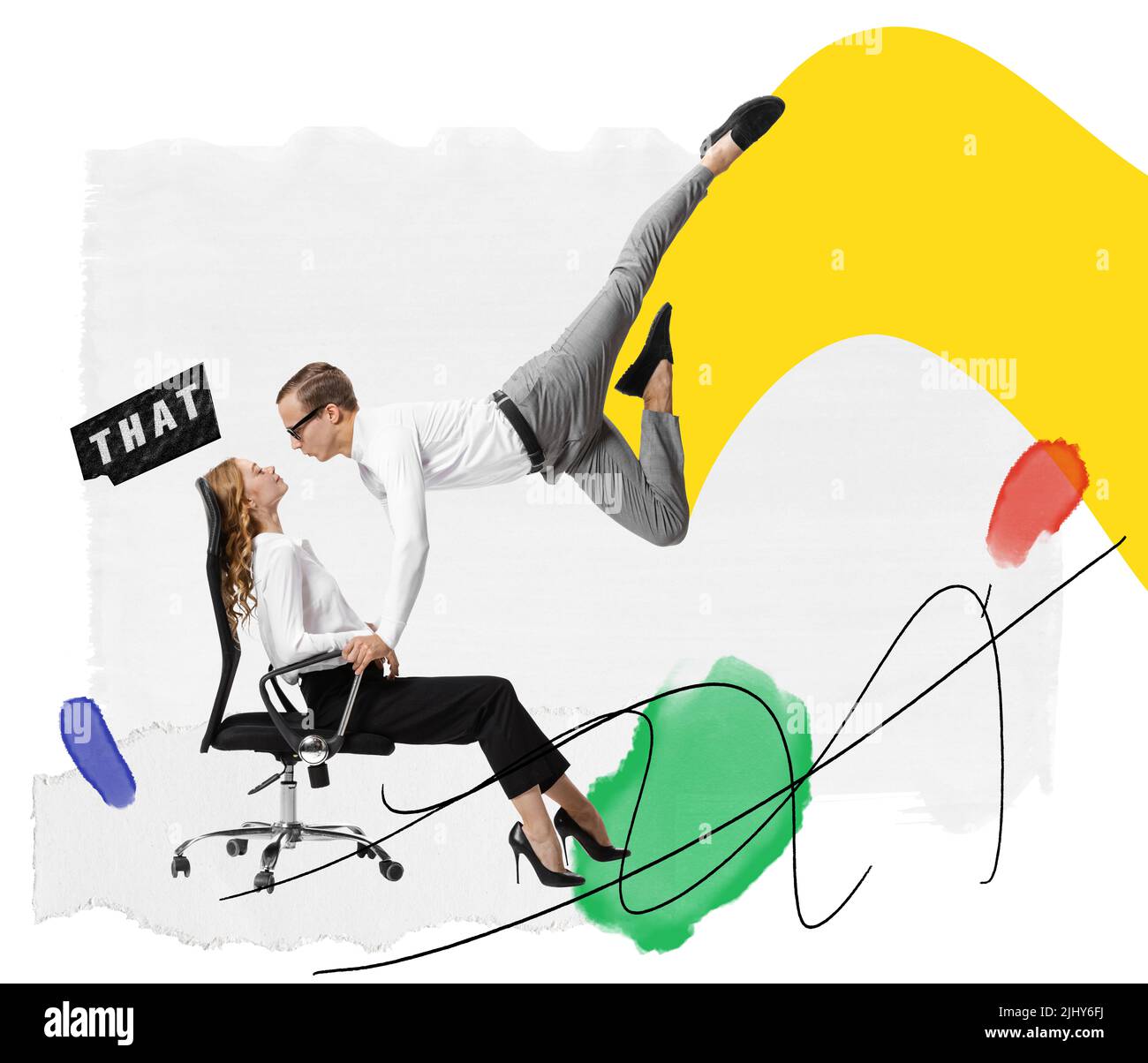 Contemporary art collage. Business people, man and woman having ...