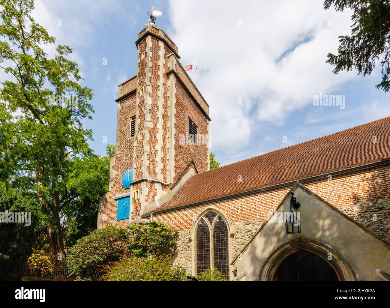 Exterior view from the front and tower of the ancient parish church of ...
