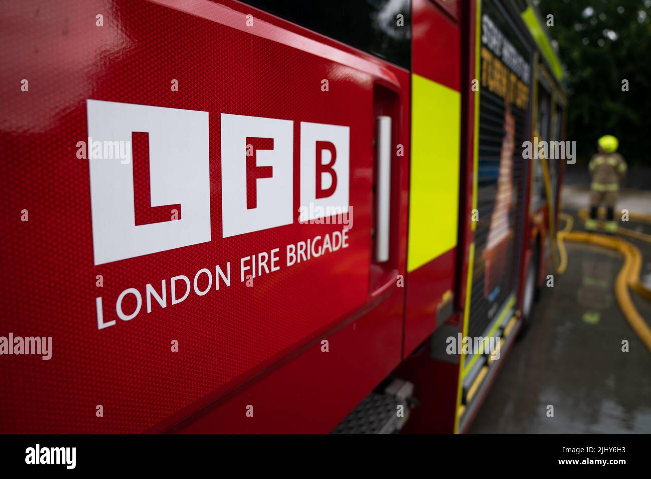 An London Fire Brigade logo from the side of a fire engine at a Fire ...
