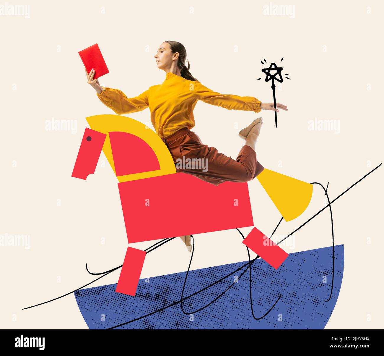 Contemporary art collage. Young girl making ballet movements and ...