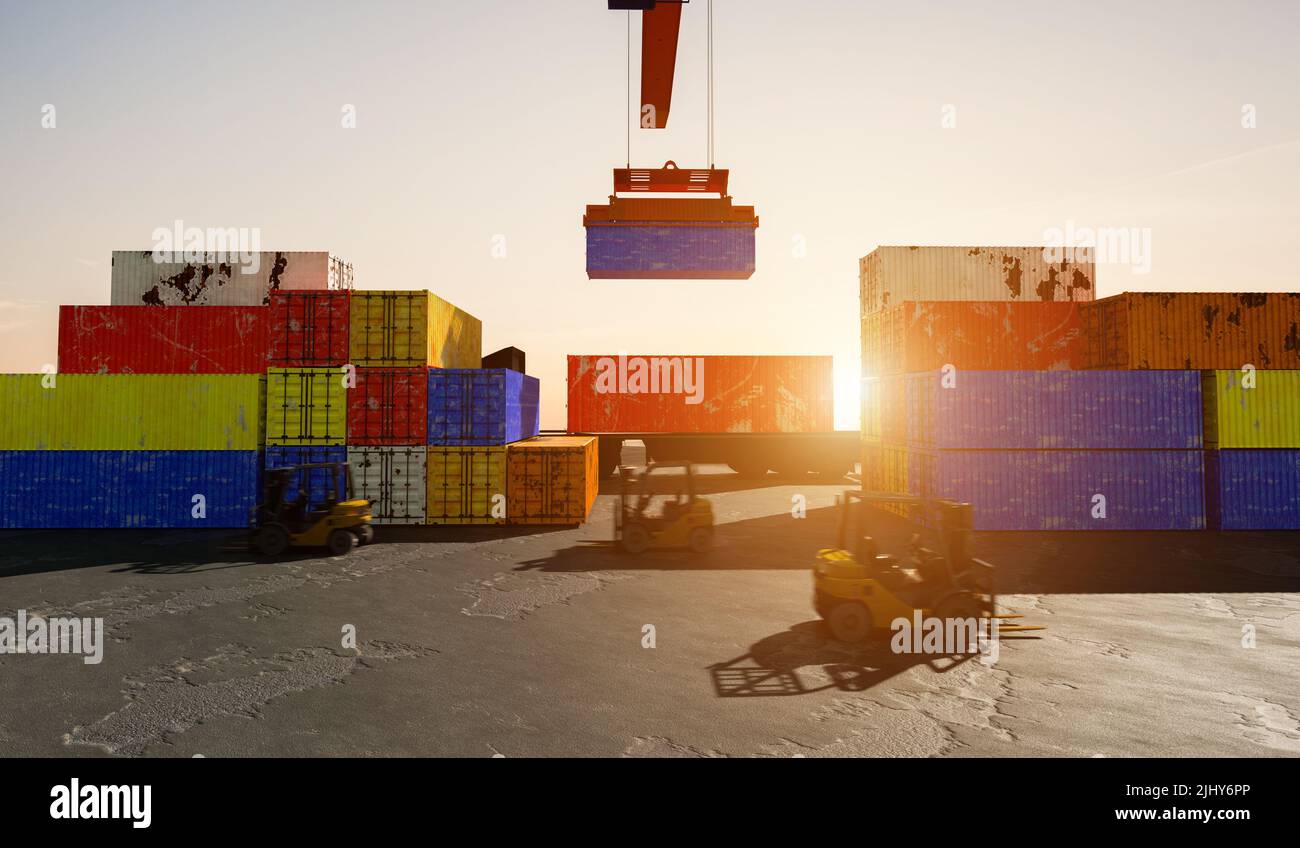 cargo shipping container working at sea port, logistic business concept ...