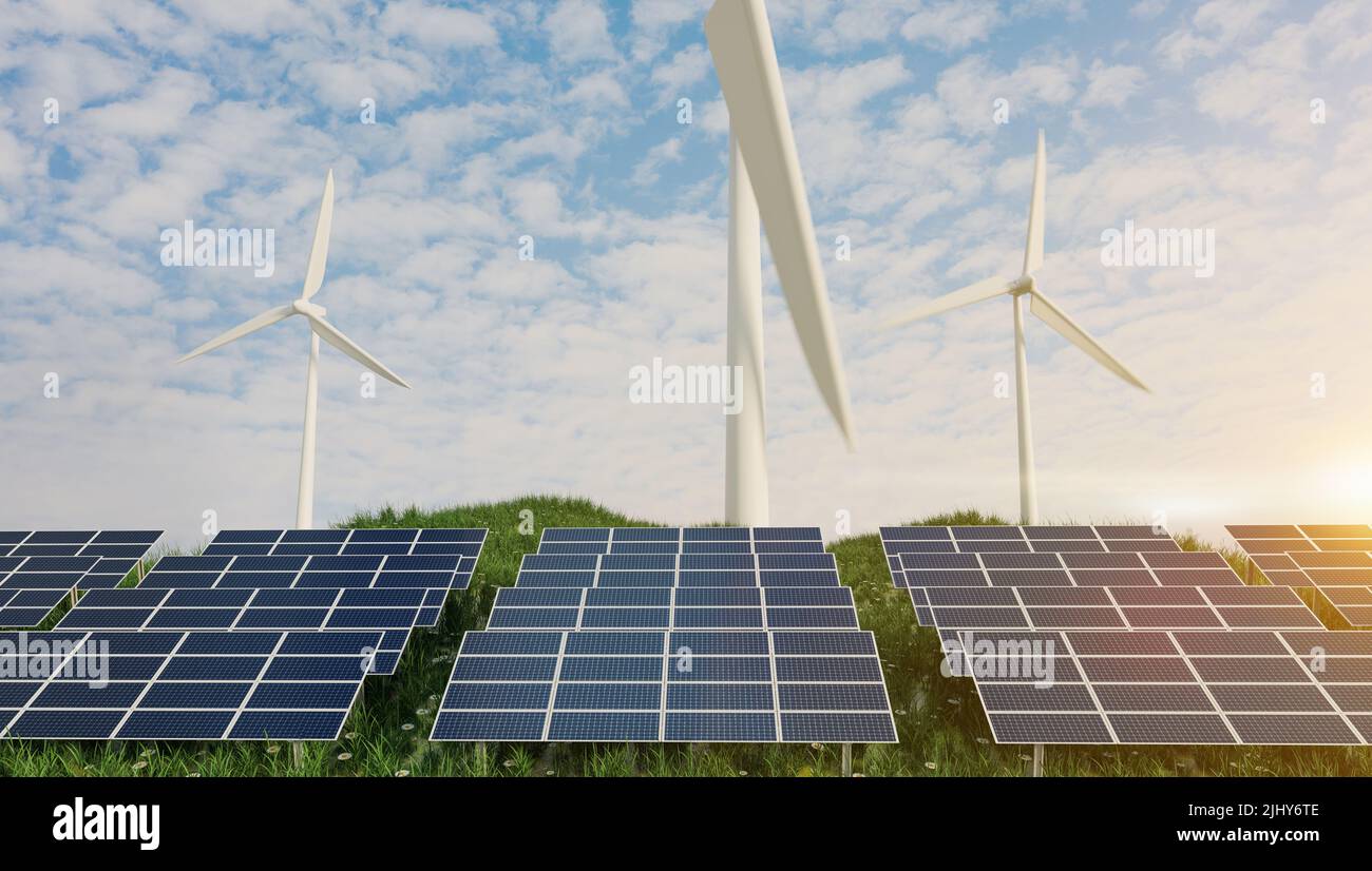 Wind mill with solar panels on small hill, green power and green energy ...