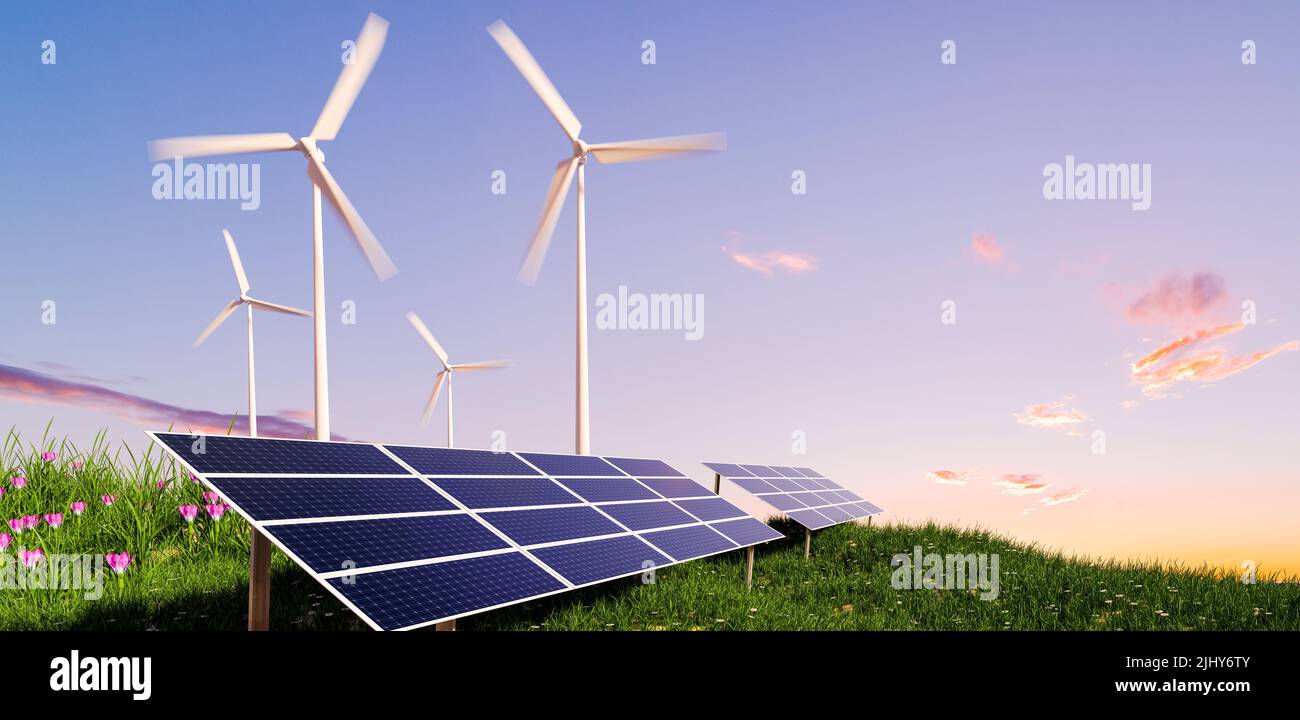 landscape wind turbine and solar panal, electrical power generate from ...