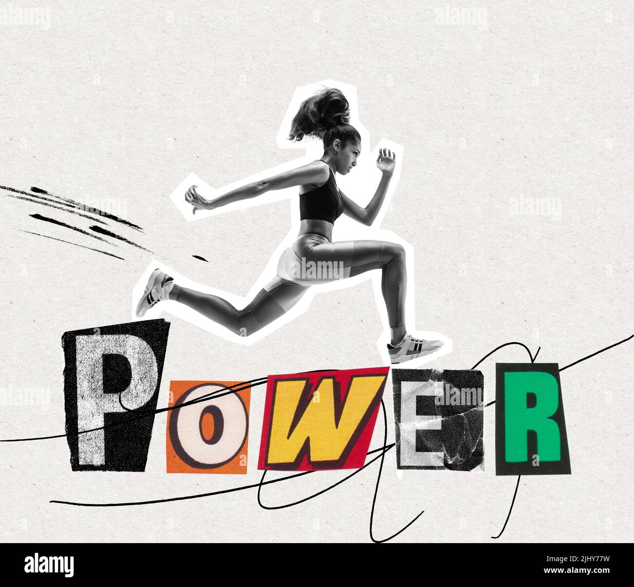 Contemporary art collage. Sportive, motivated girl, athlete running on ...