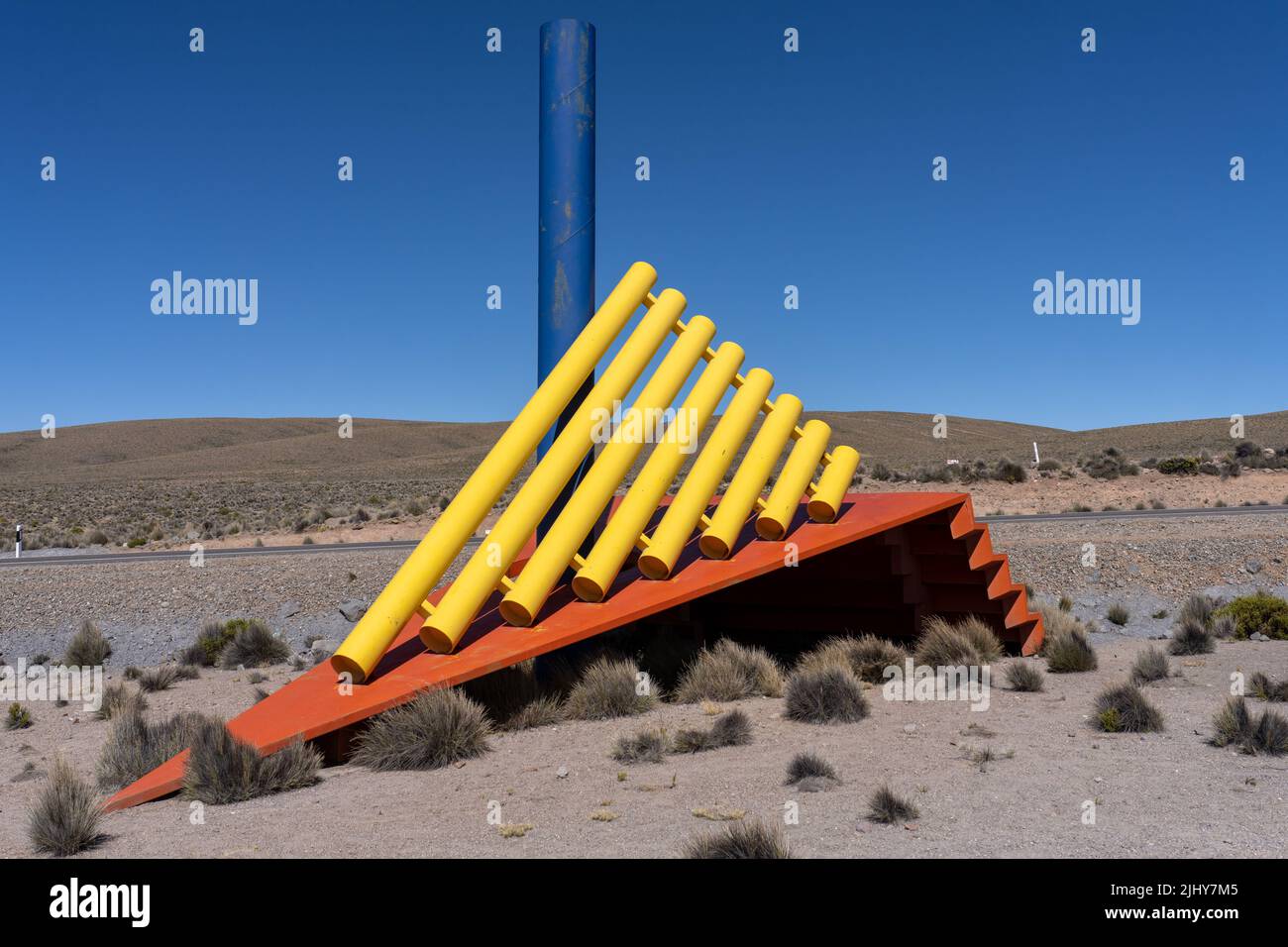 A metal sculpture of the traditional Andean siku or panpipes in Lauca ...