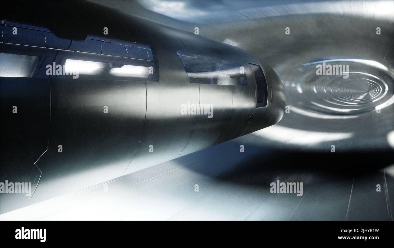 Futuristic sci fi tunnel. futuristic flying train. 3d rendering Stock ...