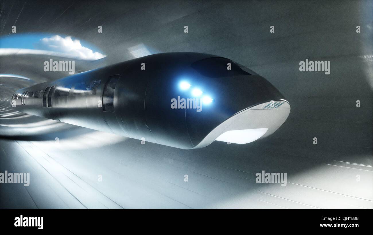 Futuristic sci fi tunnel. futuristic flying train. 3d rendering Stock ...