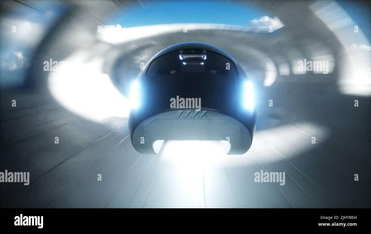Futuristic sci fi tunnel. futuristic flying train. 3d rendering Stock ...