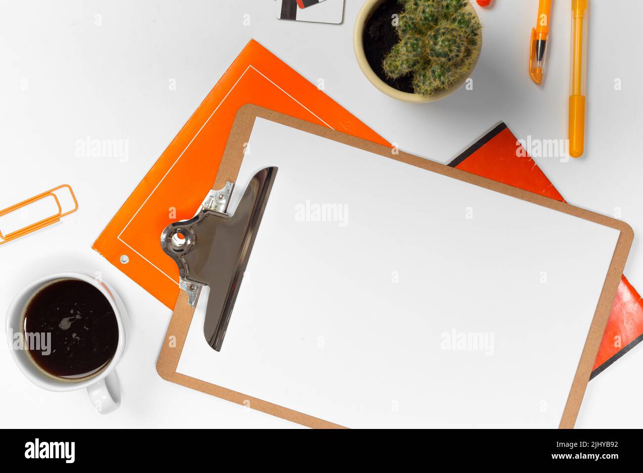 Blank office desk background with copy space for your text. Top view ...