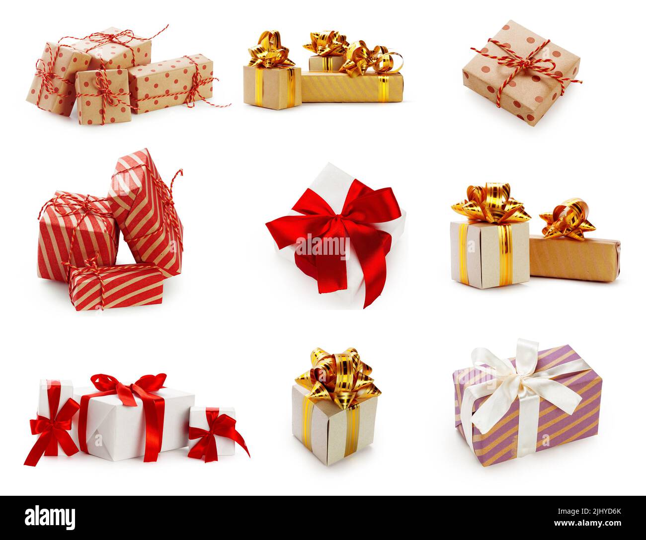 Beautifully wrapped gift boxes on white background Stock Photo - Alamy